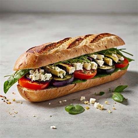 Fresh Baguette Sandwich With Grilled Vegetables And Feta Stock Image