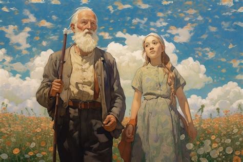Premium Photo Illustration Of An Old Man And A Girl Standing
