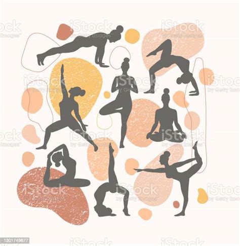 요가를 하는 여성의 윤곽이 더퍼런트 모양과 라인 배경에서 포즈를 취합니다 트렌드 컨템포러리 포스터 균형에 대한 스톡 벡터 아트 및 기타 이미지 Istock