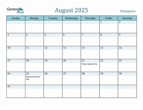 August 2025 Philippines Calendar With Holidays
