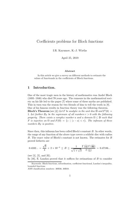 Pdf Coefficients Problems For Bloch Functions