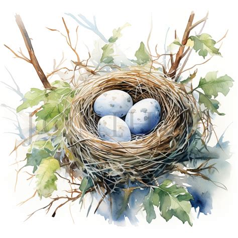 Hand Drawn Watercolor Bird Nest With Eggs Easter Spring Design