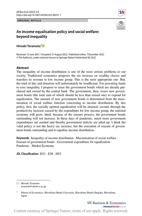 An Income Equalisation Policy And Social Welfare Beyond Inequality