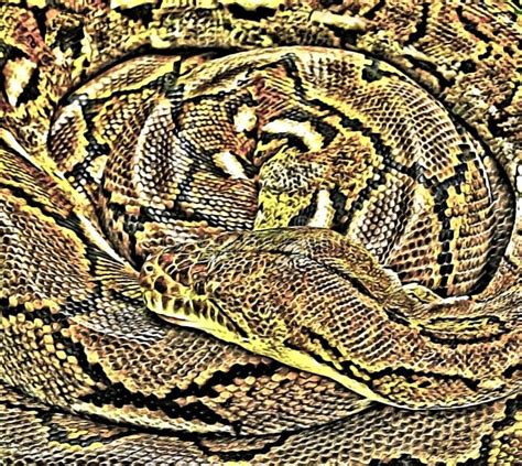 A Large Python Likely A Python Bivittatus Is Coiled In A Circular