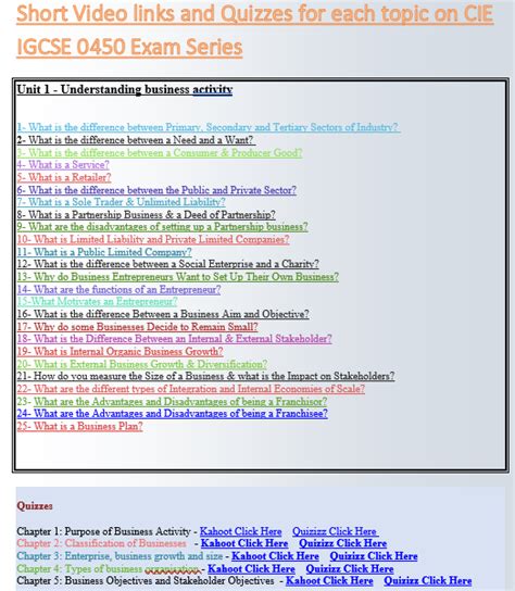 Section 1 Understanding Business Activity Igcse Business Exam Bundle 1 Minute Video Links