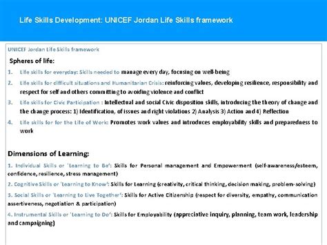 Life Skills Development Unicef Jordan Life Skills Framework