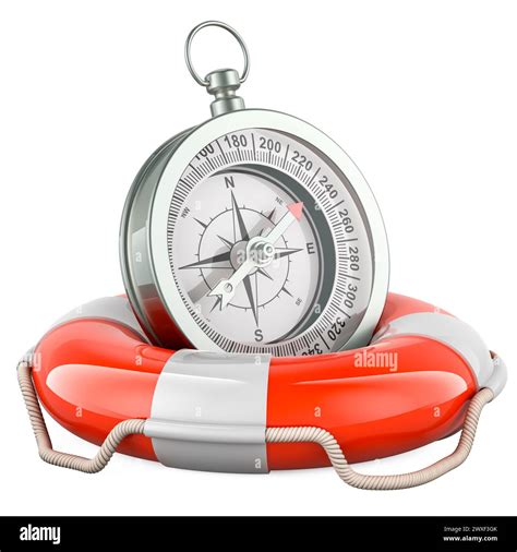 Compass Inside Lifebelt 3d Rendering Isolated On White Background