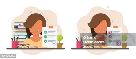 학생 소녀 시험 아이콘 벡터 그래픽 학생 합격 성공 학교 시험 일러스트레이션 실패 나쁜 시험 공부 플랫 디자인 행복한 슬픈 캐릭터 대학 퀴즈 교육 개념 이미지 설문지에 대한