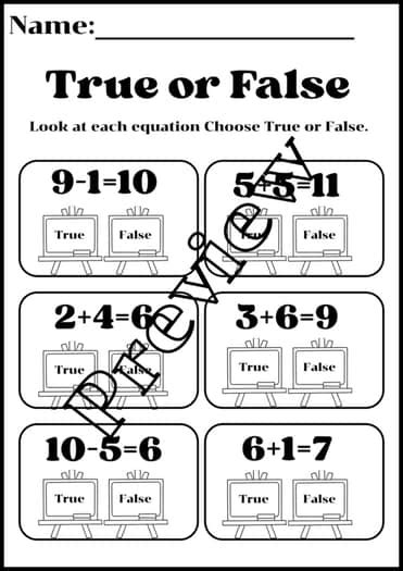 Addition And Subtraction True Or False Worksheets For Early Learners
