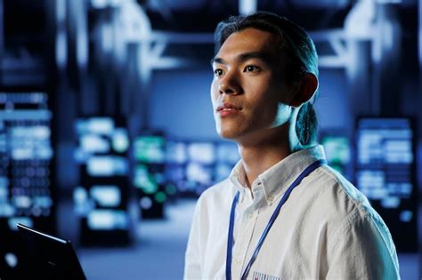 Premium Photo Certified Technician In Data Center Uses Laptop To Prevent System Overload