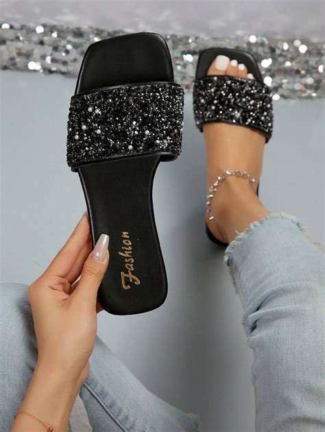Women Rhinestone And Faux Pearl Decor Flat Sandals Glamorous Summer