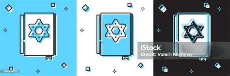 파란색과 흰색 검은 색 배경에 고립 된 유대인 토라 책 아이콘을 설정합니다 모세의 펜타투치 성경의 표지에는 다윗의 별의 형상이 있습니다 벡터 0명에 대한 스톡 벡터 아트 및