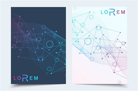 과학 브로셔 디자인 템플릿 벡터 전단지 레이아웃 연결된 선과 점이 있는 분자 구조 잡지 전단지 커버 포스터 디자인에 대한 요소가있는 과학 패턴 원자 Dna 0명에 대한 스톡