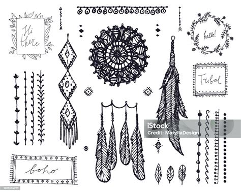 벡터 장식 세트 손으로 그린 낙서 보헤미안 스타일의 분배기 테두리 화살표 디자인 요소 꿈 포수의 컬렉션입니다 격리 결혼식 초대장 생일 카드에 사용할 수 있습니다 0명에 대한