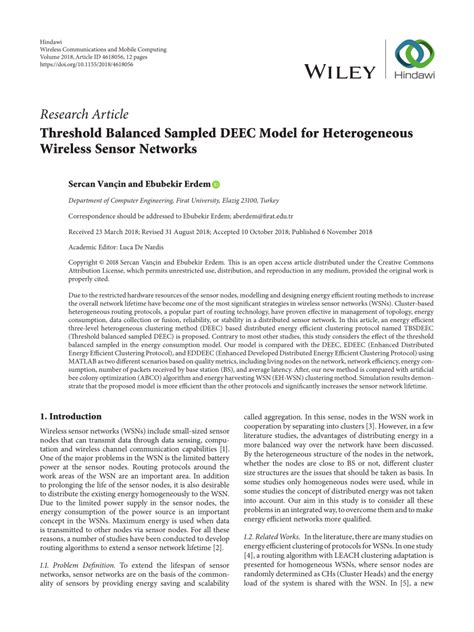 Pdf Threshold Balanced Sampled Deec Model For Heterogeneous Wireless Sensor Networks