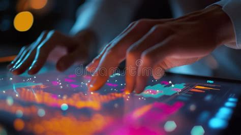 Interactive Data Analysis Hands On Digital Tablet Screen With Colorful Graphs And Charts Stock