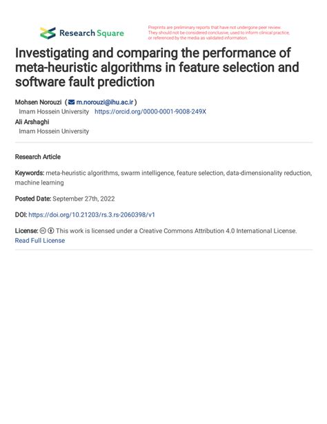 Pdf Investigating And Comparing The Performance Of Meta Heuristic Algorithms In Feature