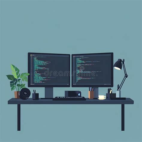 Flat Design Of A Programmer S Workspace With Dual Monitors Stock