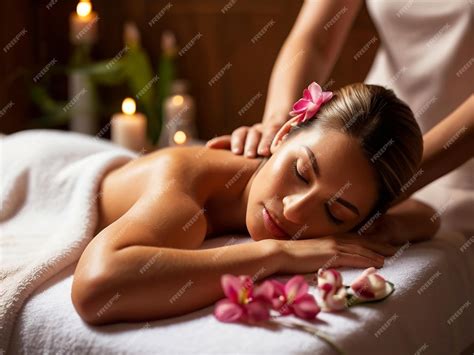Relaxing Spa Scene Woman Receiving Back Massage Soft Lighting Flower In