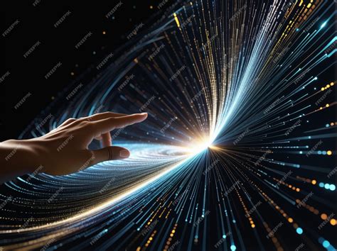 Premium Photo Hand Touching A Spinning Vortex Of Data And Light Particles Data Flow And