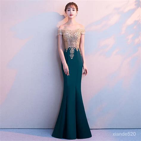 【碩碩家】【新品】晚禮服女2023新款宴會高貴優雅性感一字領長款魚尾氣質名媛洋裝 蝦皮購物