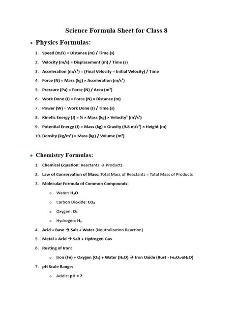 Class 8 Science Formula Sheet Pdf