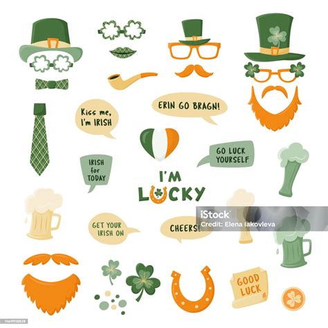 흰색으로 분리된 성 패트릭의 날을 위한 사진 부스 소품 포토부스 벡터는 녹색과 주황색으로 설정되어 있습니다 모자 안경 맥주 화환 냄비 동전 무지개 말굽 클로버 재미있는