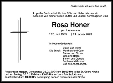 Traueranzeigen Von Rosa Honer Schwaebischede Trauerportal
