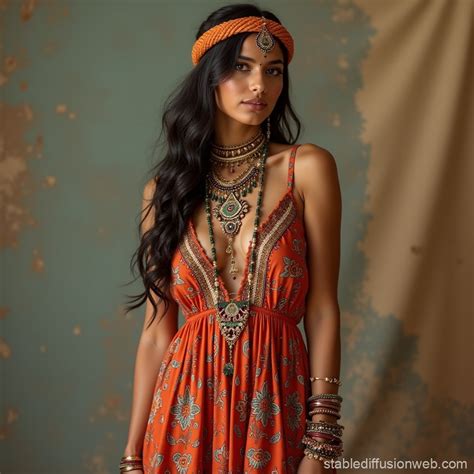 Make An Image Of An Indian Model Wearing A Bohemian Dress The Image Is