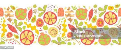 여름 과일과 잎 원활한 벡터 테두리 양식에 일치시키는 과일 반쪽 과 모양과 열대 녹색 빨간색 오렌지 노란색 반복 패턴 배너 헤더 바닥글 리본 트림에 사용 과일에 대한 스톡