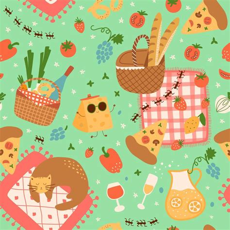 Summer Picnic Background Picnic Seamless Pattern Picnic Basket Red Blanket With Cat Garden