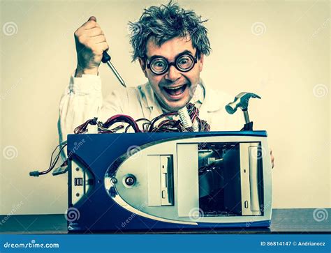 Crazy Engineer Or Scientist Repairing Computer Retro Style Stock