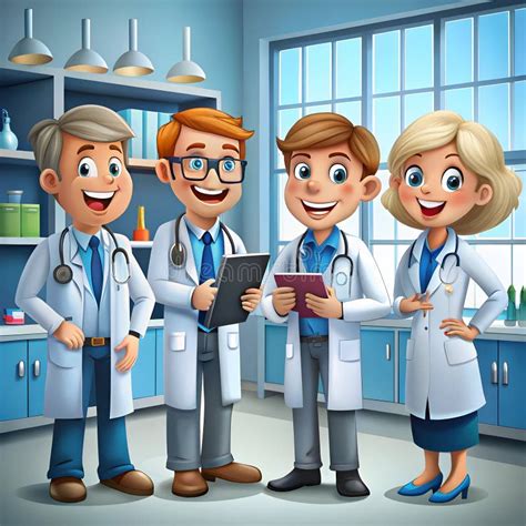 A Team Of Cartoon Doctors Animatedly Discussing Medical Supplies