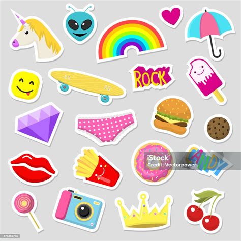 여자 패션 스티커 패치 귀여운 다채로운 배지 재미 만화 아이콘 낙서 요소 유행 인쇄 벡터 일러스트 레이 션 디자인 다이아몬드에 대한 스톡 벡터 아트 및 기타 이미지 Istock