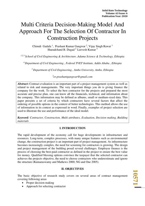 PDF Multi Criteria Decision Making Model And Approach For The Selection Of Contractor In