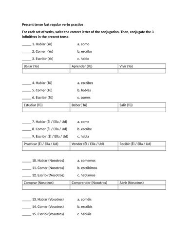 Present Tense Regular Verbs Fast Practice Teaching Resources
