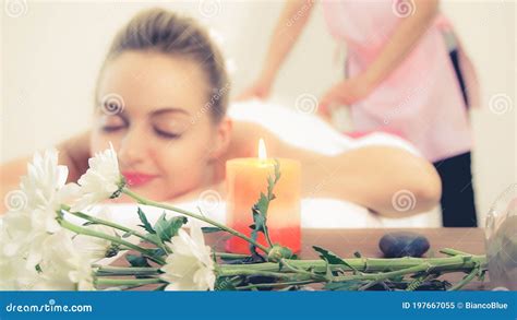 Woman Gets Back Massage Spa By Massage Therapist Stock Image Image Of Herbal Acupressure