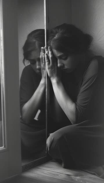 Woman Grapples With Loneliness And Exhaustion Somber Reflection Captured In Mirror Embodying