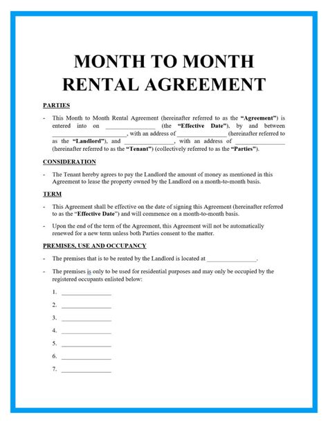 Monthly Rental Agreement Forms Free Printable Printable Lease Agreement
