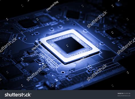 Glowing Modern Processor Big Illuminated Graphic Processor Surrounding By Other Electrical