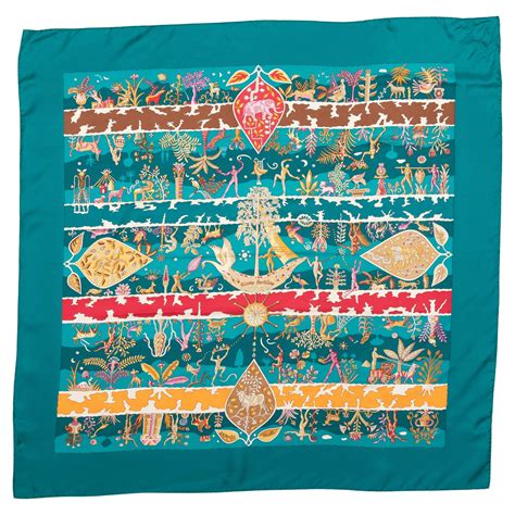Hermes Teal And Multicolor Rives Fertiles Motif Silk Scarf For Sale At
