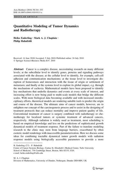 Pdf Quantitative Modeling Of Tumor Dynamics And Radiotherapy