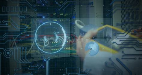 Image Of Data Processing Over Caucasian Woman Inspecting Server Room