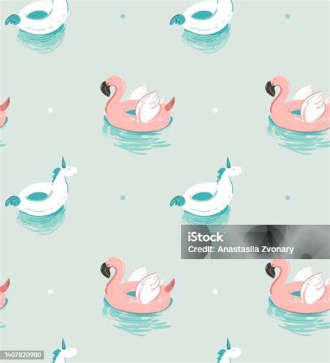 손으로 그린 벡터 추상 여름 시간 재미 원활한 패턴과 핑크 플라밍고 플로트와 유니콘 수영장 부표 서클 푸른 물 배경에 고립 0