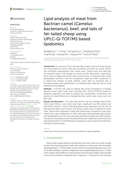 PDF Lipid Analysis Of Meat From Bactrian Camel Camelus Bacterianus Beef And Tails Of Fat