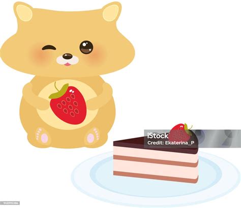 신선한 딸기와 귀여운 귀여운 햄스터 케이크 장식 핑크 크림과 초콜릿 장식 파란색 접시에 케이크의 조각 흰색 바탕에 파스텔 색상 카드 디자인입니다 벡터 가축에 대한 스톡 벡터