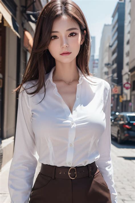 흰 셔츠와 갈색 바지를 입은 여자가 거리에 서 있다 Seaart Ai