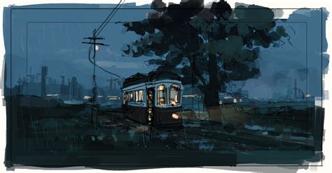 배경 화면 기차 창문 철도 차량 구르는 건물 하늘 가공 전력선 케이블카 선로 대중 교통 그림 경치 나무 기관차 시티 전기 공급 미술 삽화