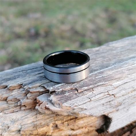 8mm Brushed Matte Grey With Black Groove Tungsten Carbide Ring