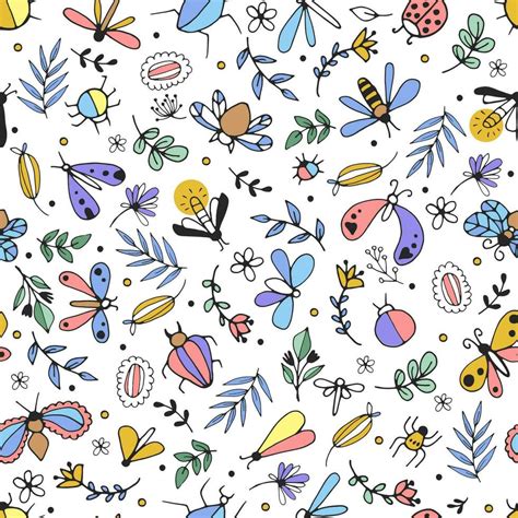 Seamless Pattern With Cute Bugs Beetles Moth And Insects With Floral Elements Hearts And